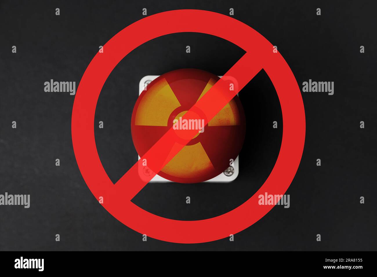 Prevent atomic war. Red button of nuclear weapon under prohibition sign ...
