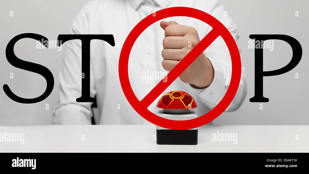 Prevent nuclear war. Word Stop and prohibition sign instead of letter O ...