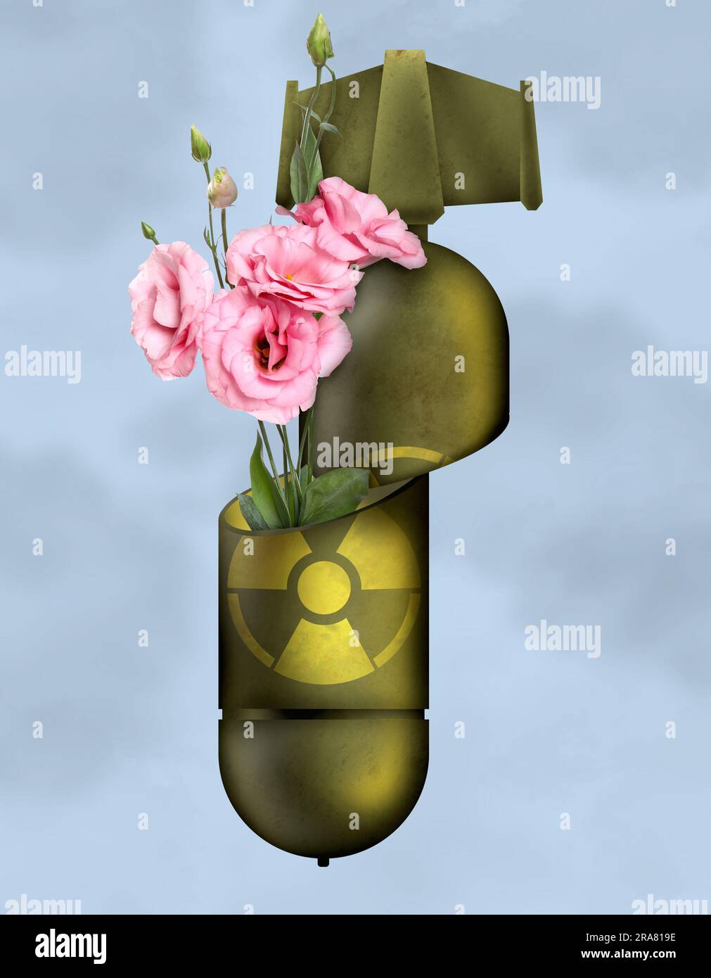 Prevent nuclear war. Broken atomic weapon with flowers inside on light ...