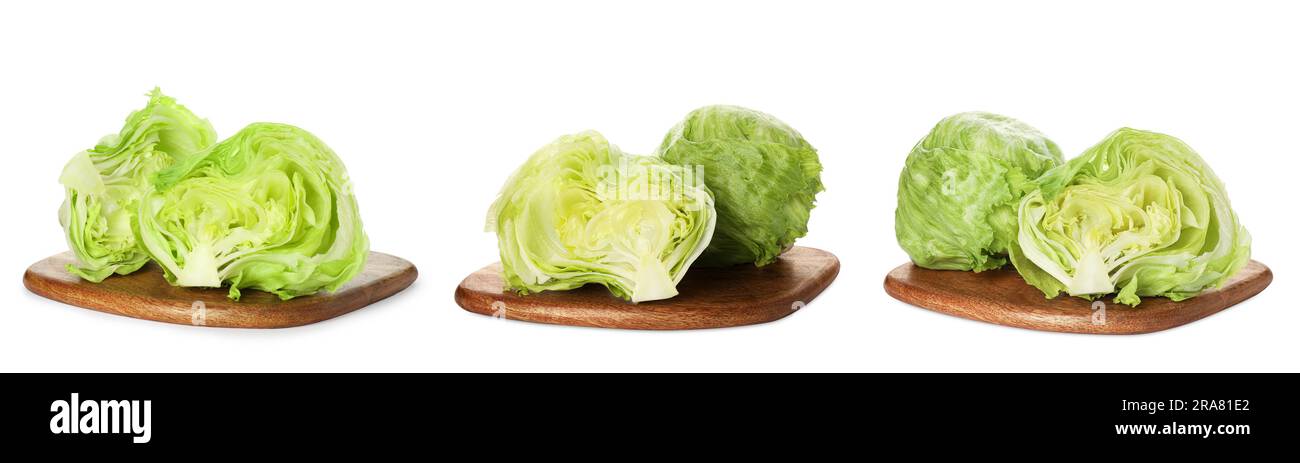 Boards with fresh cut lettuce heads on white background, collage design ...