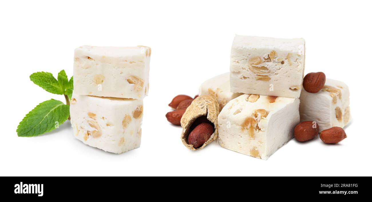 Delicious nougat, mint and peanuts on white background Stock Photo - Alamy