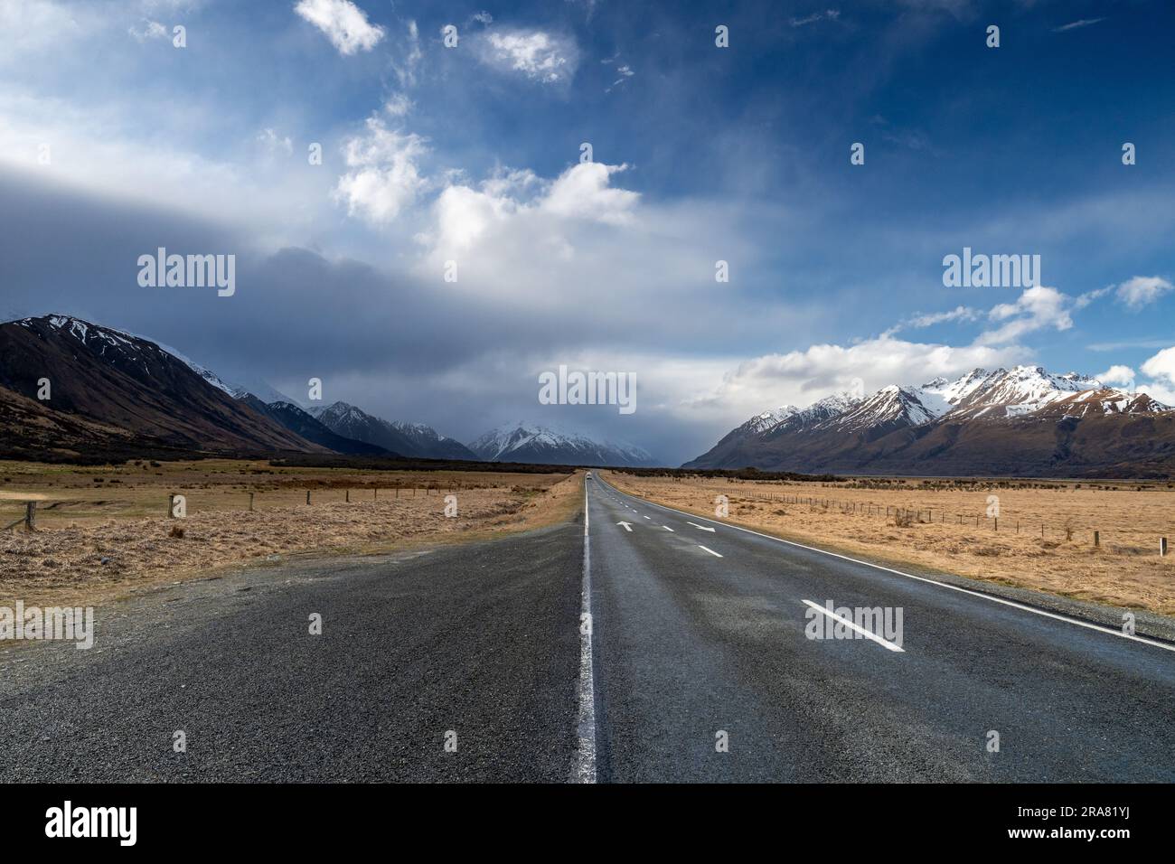 Scenic view along the Mount Cook Road alongside with snow capped ...