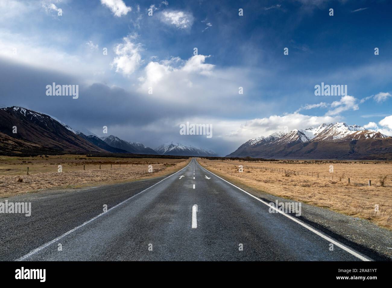 Scenic view along the Mount Cook Road alongside with snow capped ...