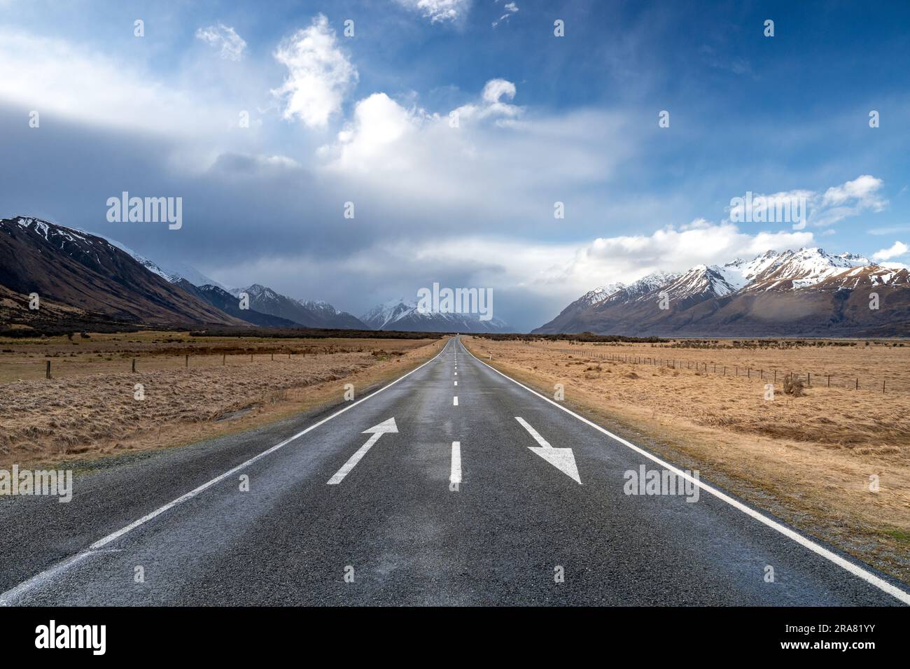 Scenic view along the Mount Cook Road alongside with snow capped ...