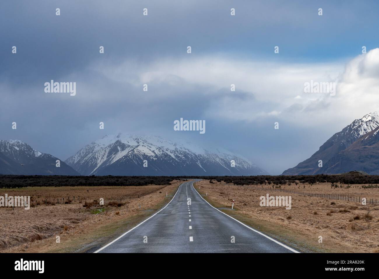 Scenic view along the Mount Cook Road alongside with snow capped ...