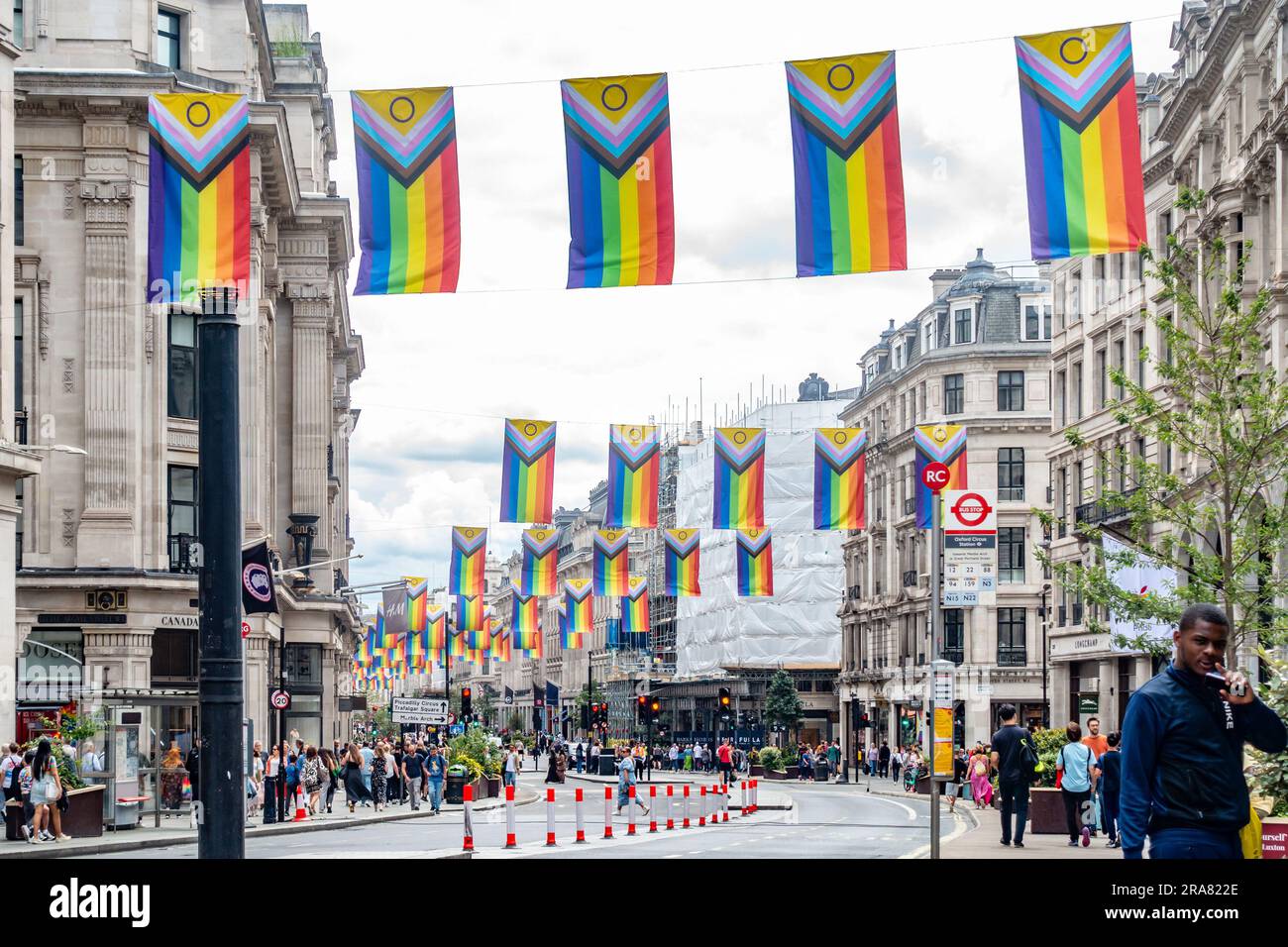 Regent Street in London closed to traffic and decorated with flags for ...