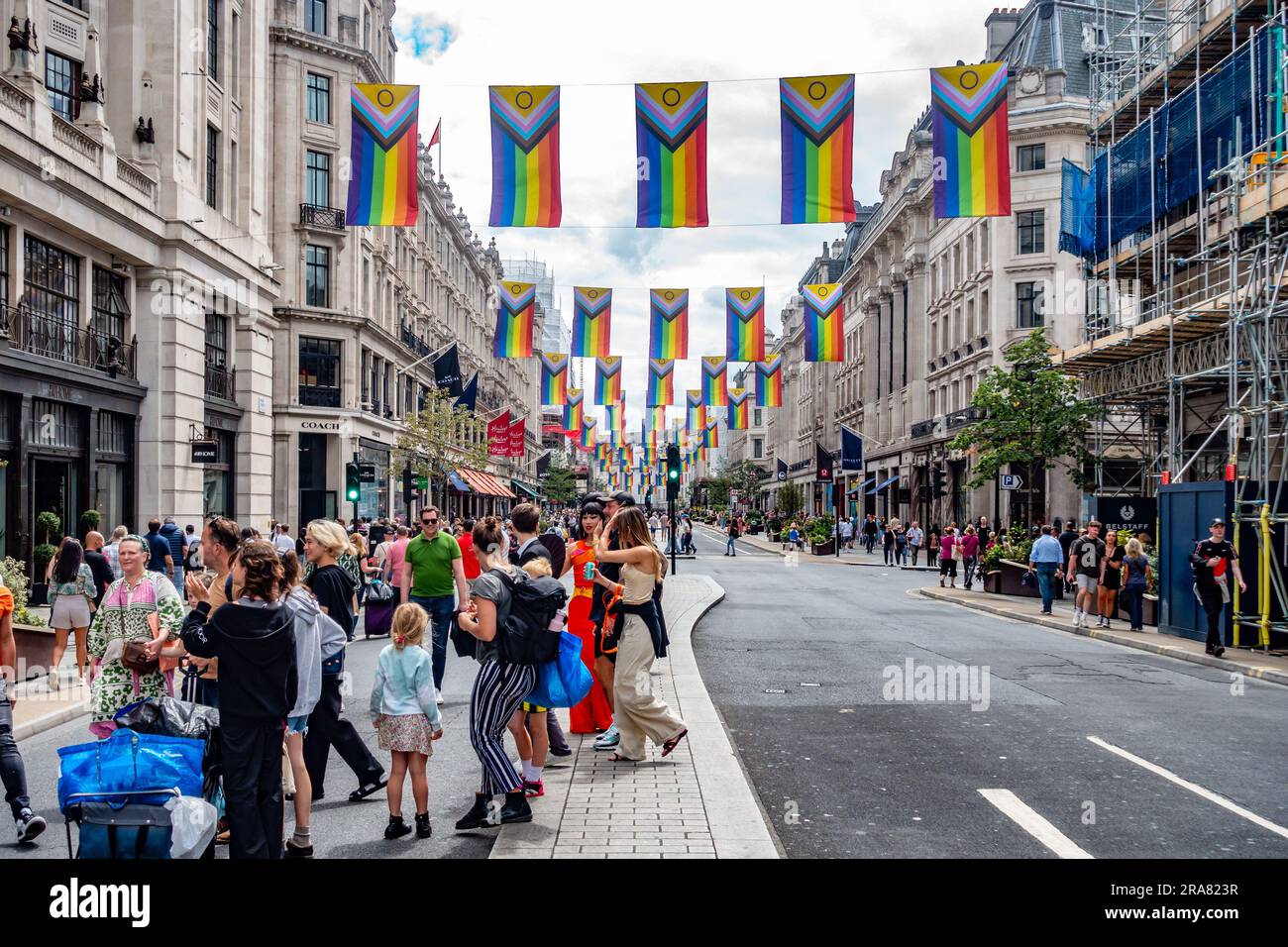 Regent Street in London closed to traffic and decorated with flags for ...