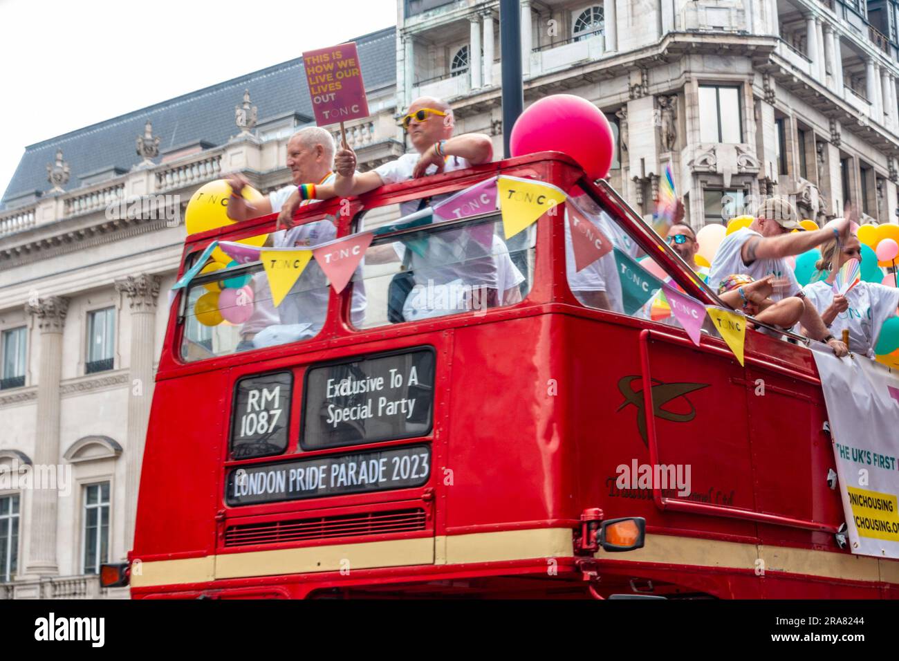 Participants in the annual London Pride event in July 2023 travel on an ...