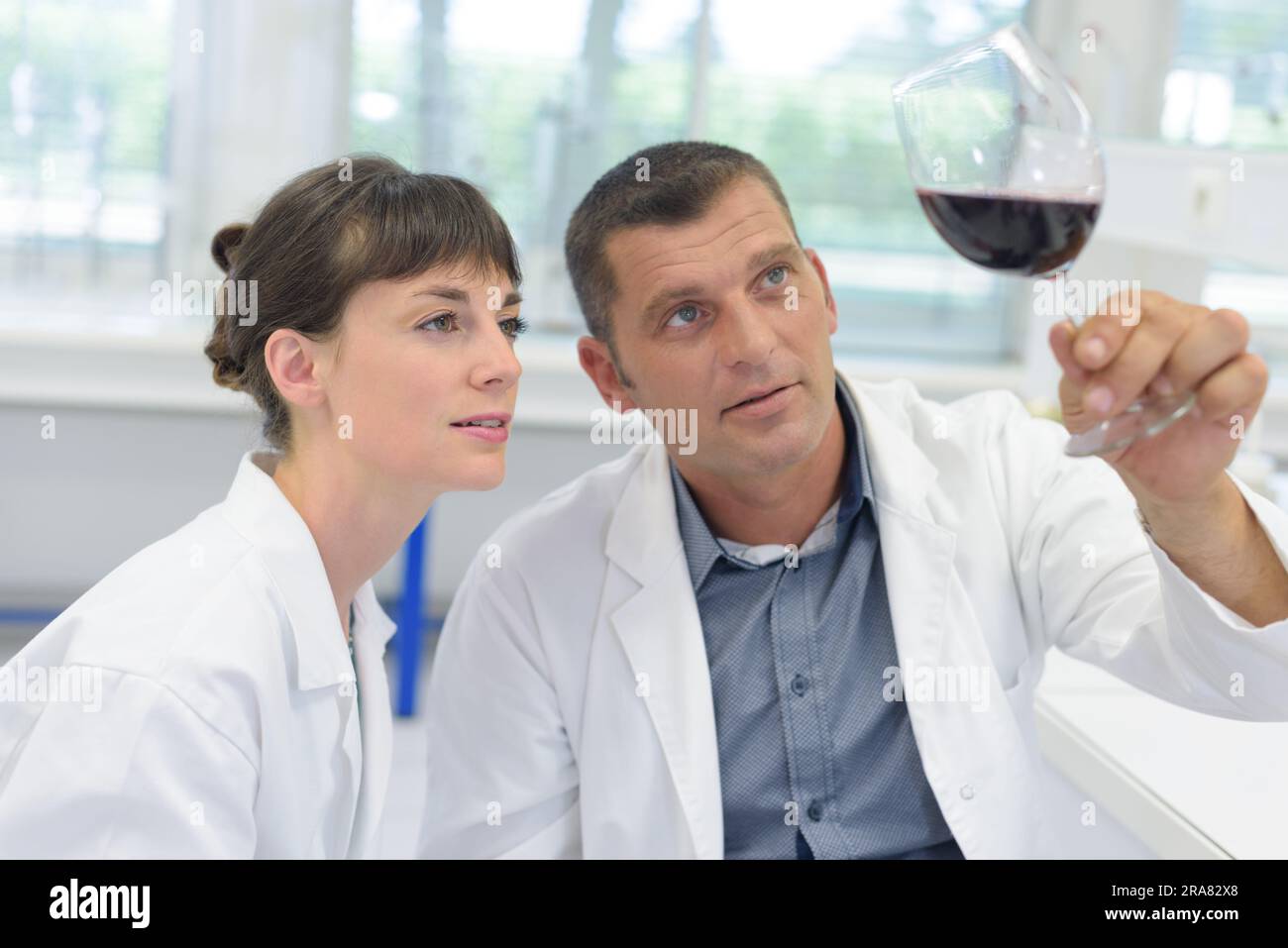 two researchers in white coat checking wine acidity Stock Photo - Alamy