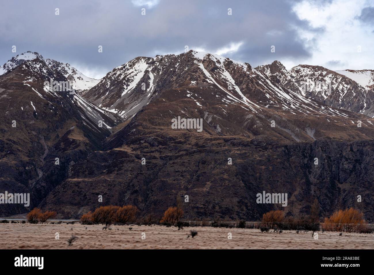 Scenic view along the Mount Cook Road alongside with snow capped ...