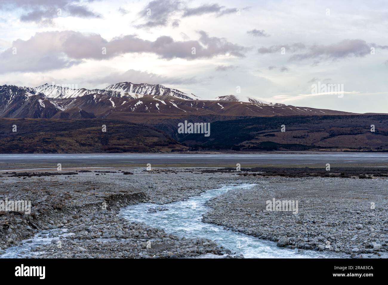 Scenic view at Mount Cook Road alongside Lake Pukaki with snow capped ...