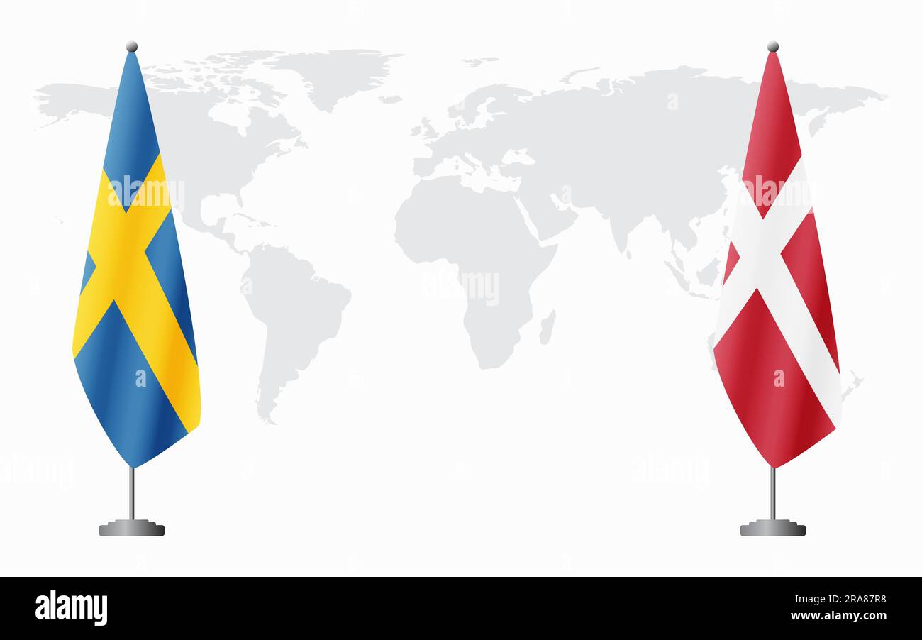 Sweden and Denmark flags for official meeting against background of ...