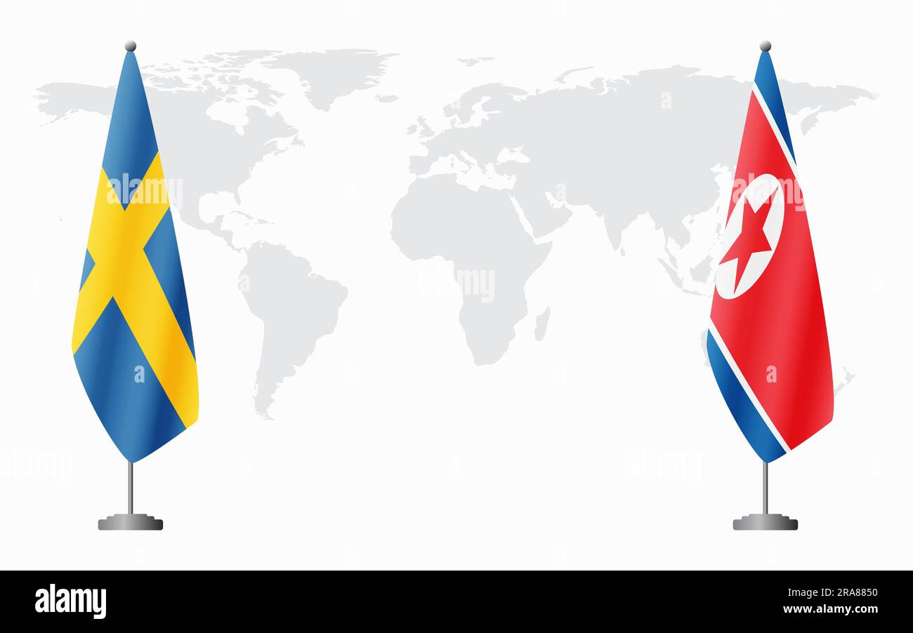 Sweden and North Korea flags for official meeting against background of ...