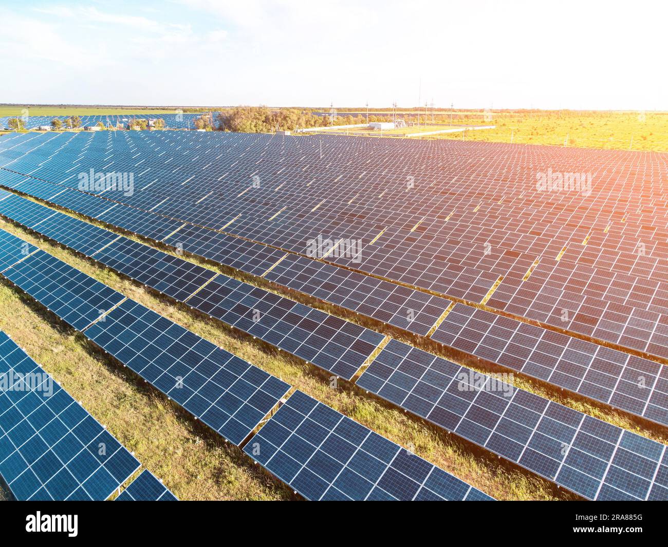 Aerial top view of a solar panels power plant. Photovoltaic solar ...