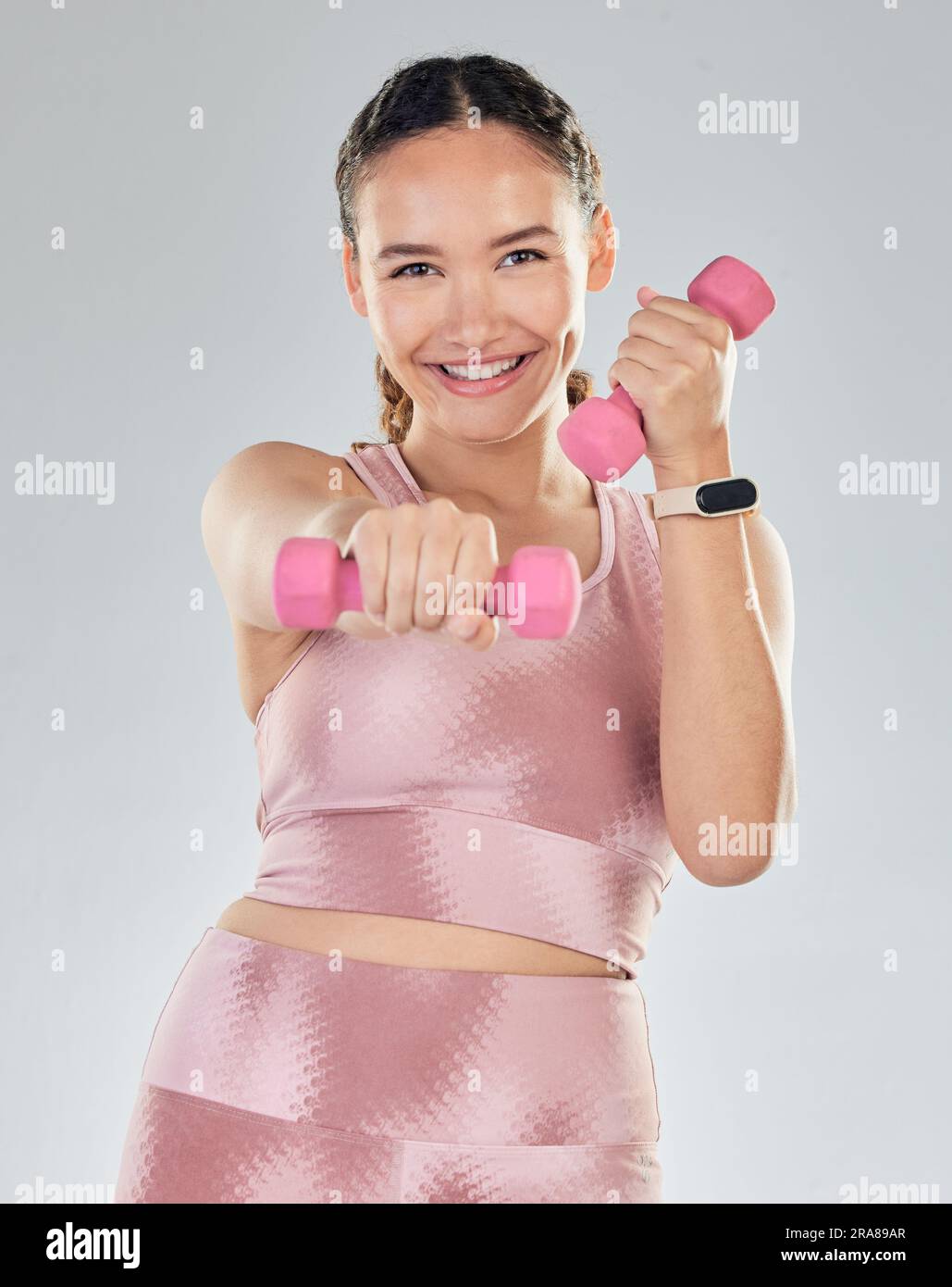 Fitness, portrait and woman with dumbbell isolated on studio white ...