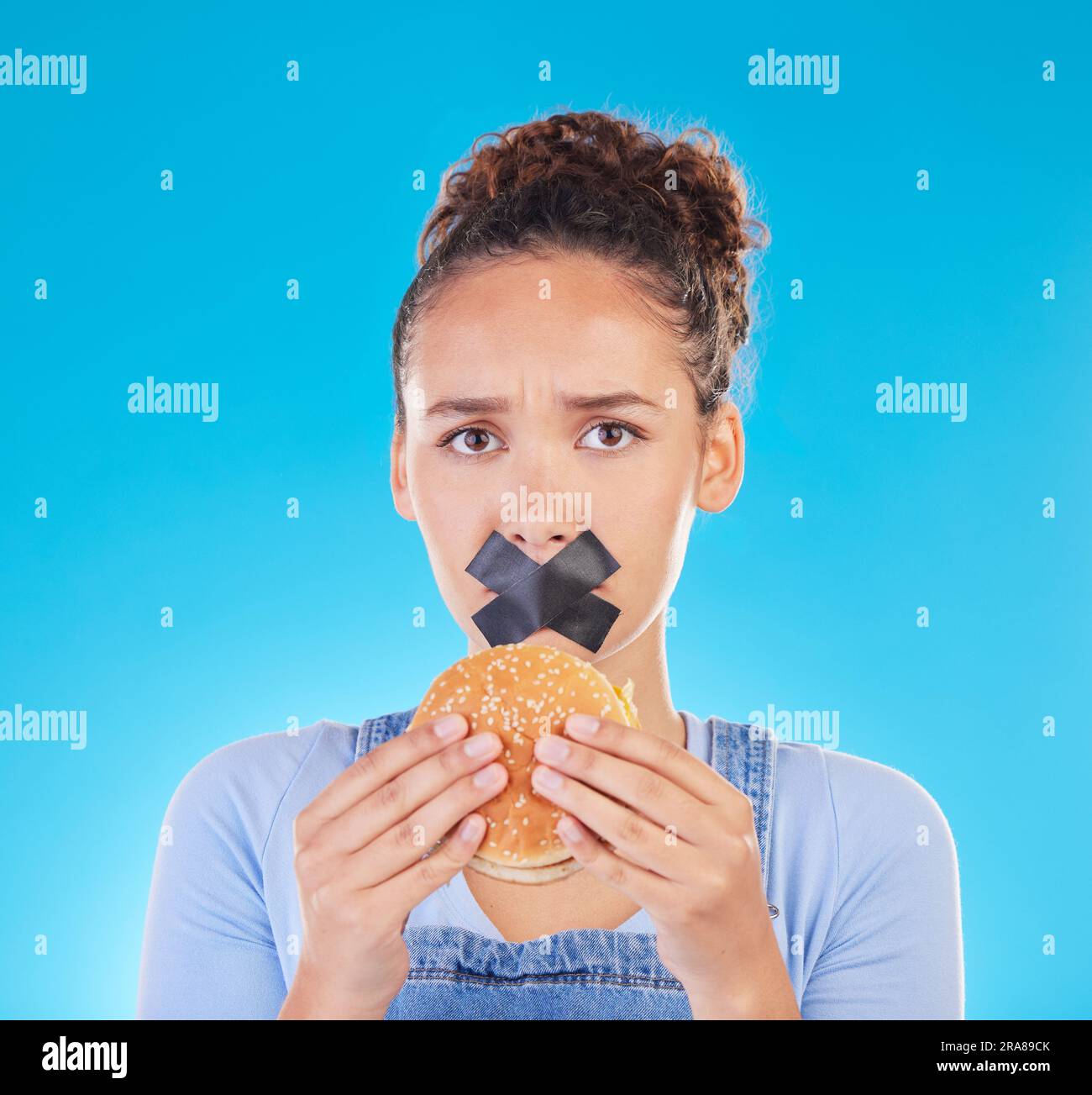 Burger, diet and woman reject fast food choice and unhappy gives bad ...