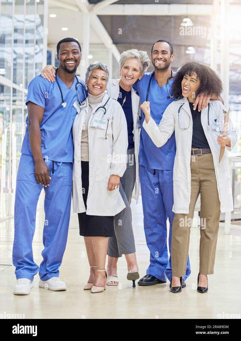 Winning, team portrait and doctors or nurses in healthcare service ...