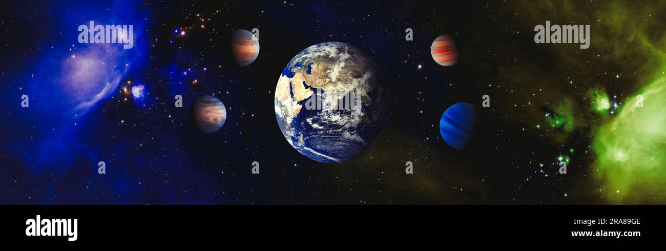 Panoramic view of the Earth, sun, star and galaxy. Sunrise over planet ...