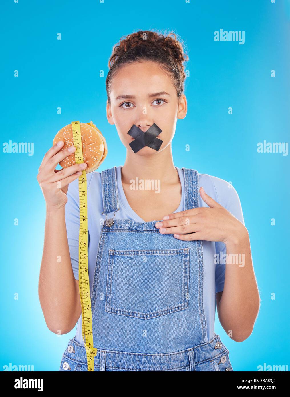 Burger, diet and woman tape mouth for fast food and weight loss gives ...