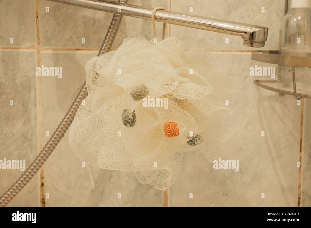 body wash sponge hanging on the bathroom faucet, body hygiene Stock ...