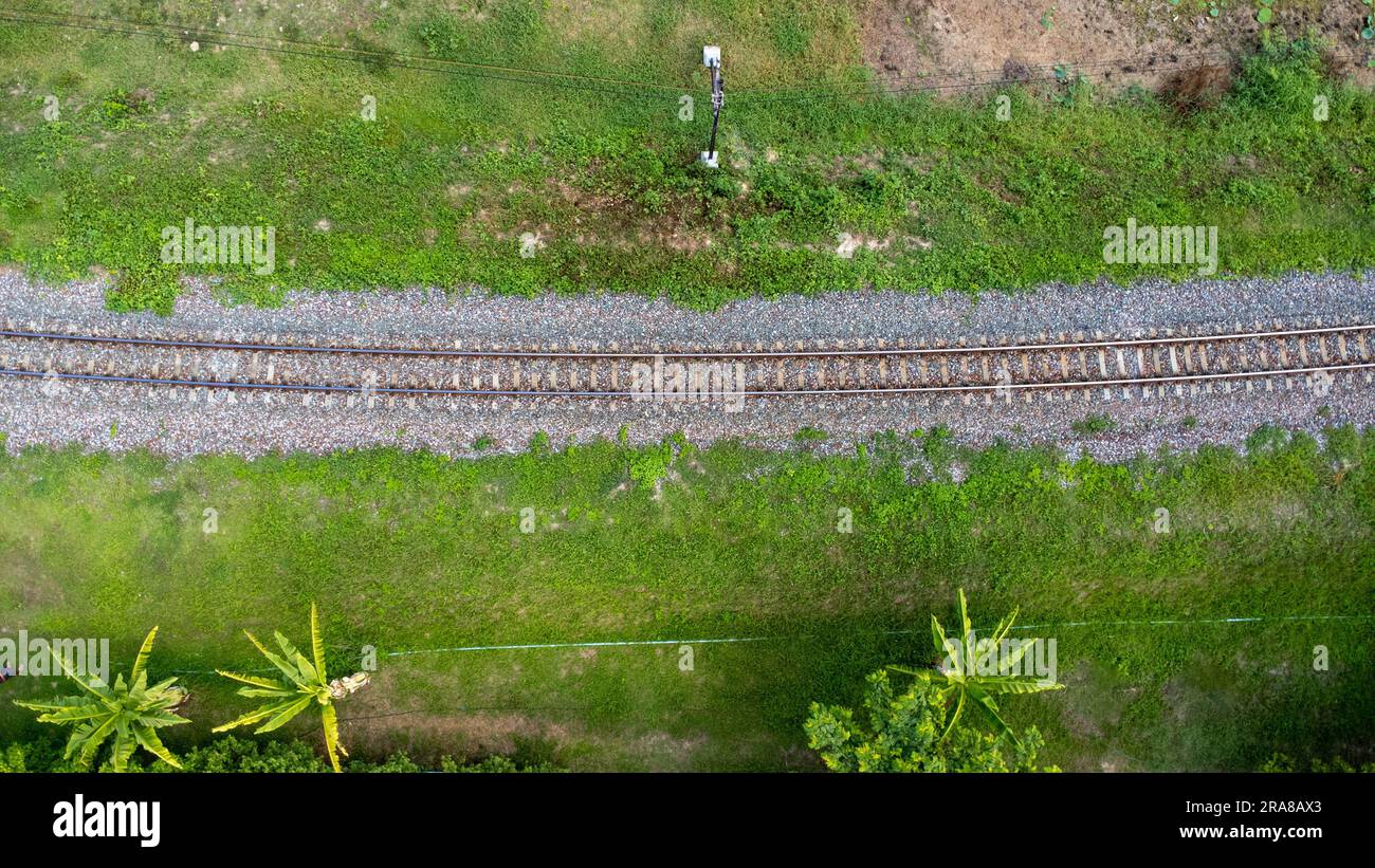 Aerial view of the railway in the park. Top view of the railroad from a ...