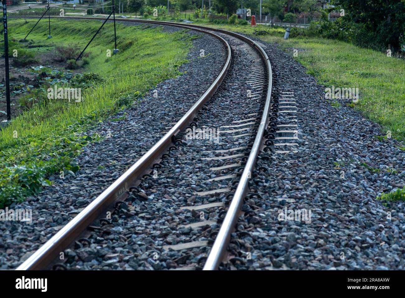 Train tracks in rural scene. Railroad in the park. vintage railroad ...