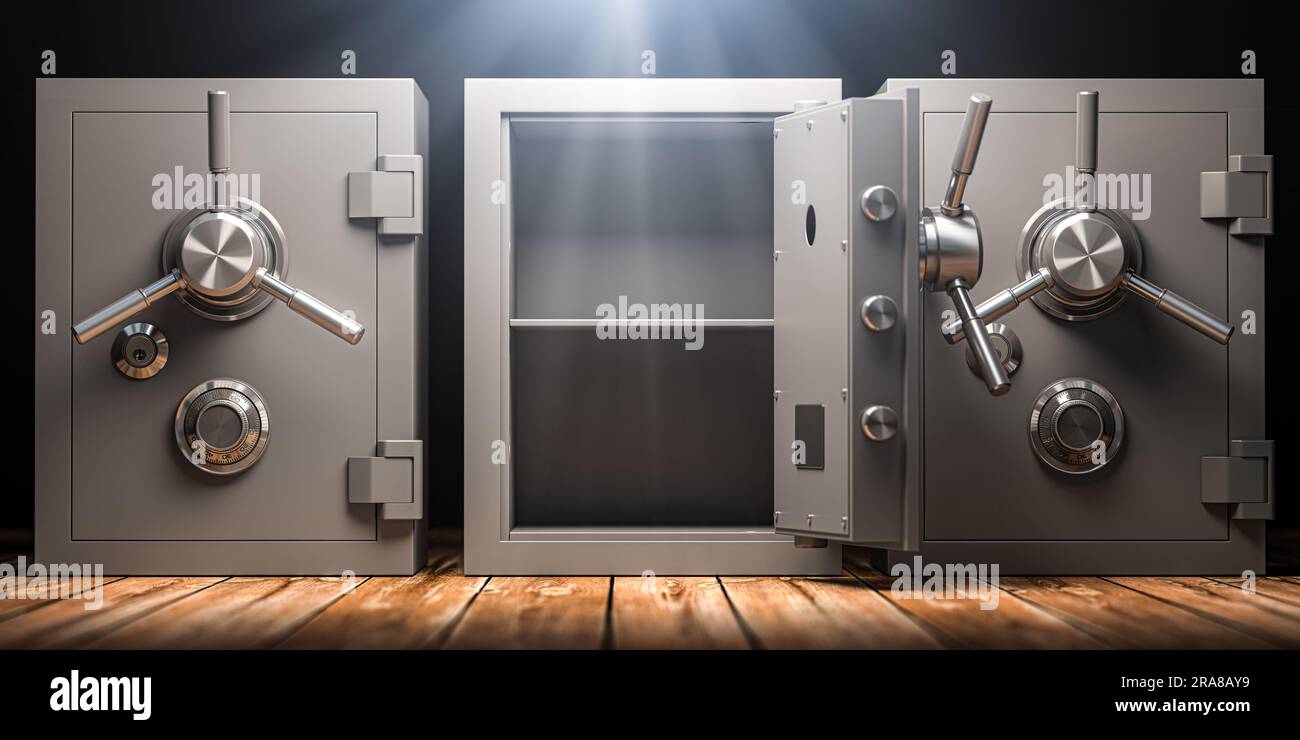 Three safe deposit boxes with one door open. Choosing the right bank to ...