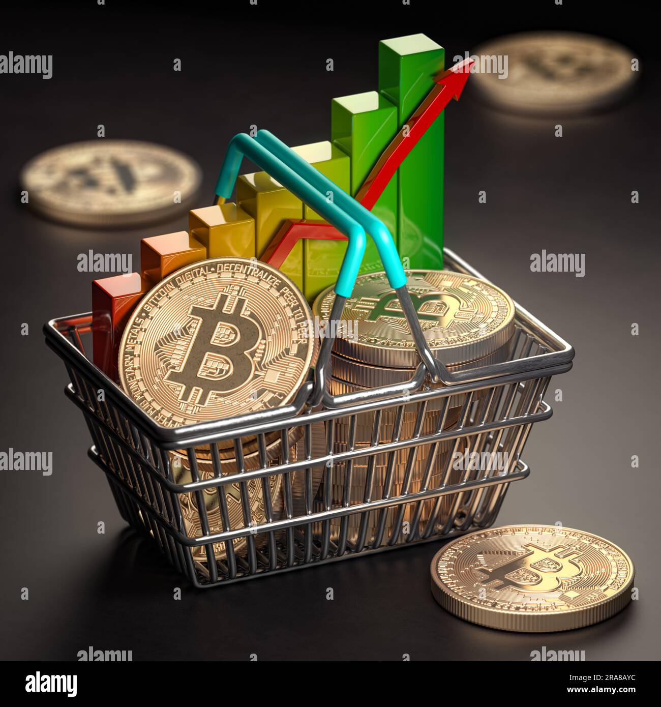 Growth of bitcoin BTC price concept. Shopping basket full of bitcoin ...