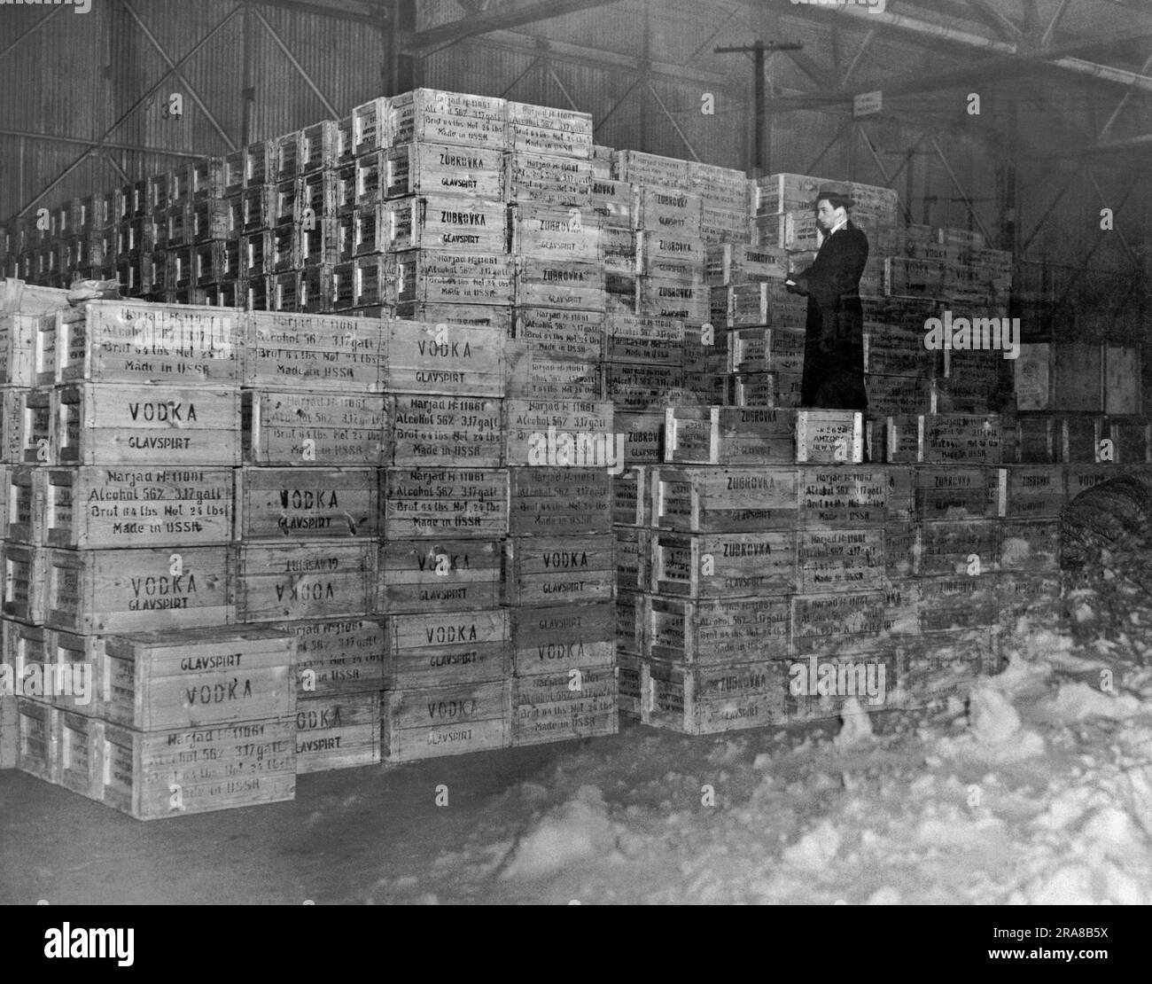 New York, New York: c. 1934 The first shipment of vodka from Russia ...