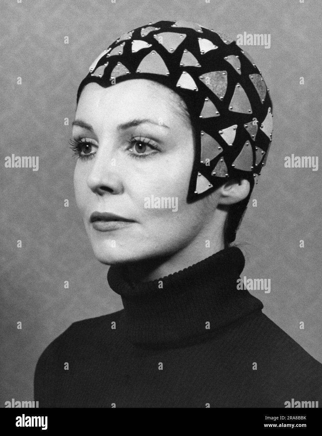 New York, New York: June 15, 1971 A model wears a black felt skull cap ...