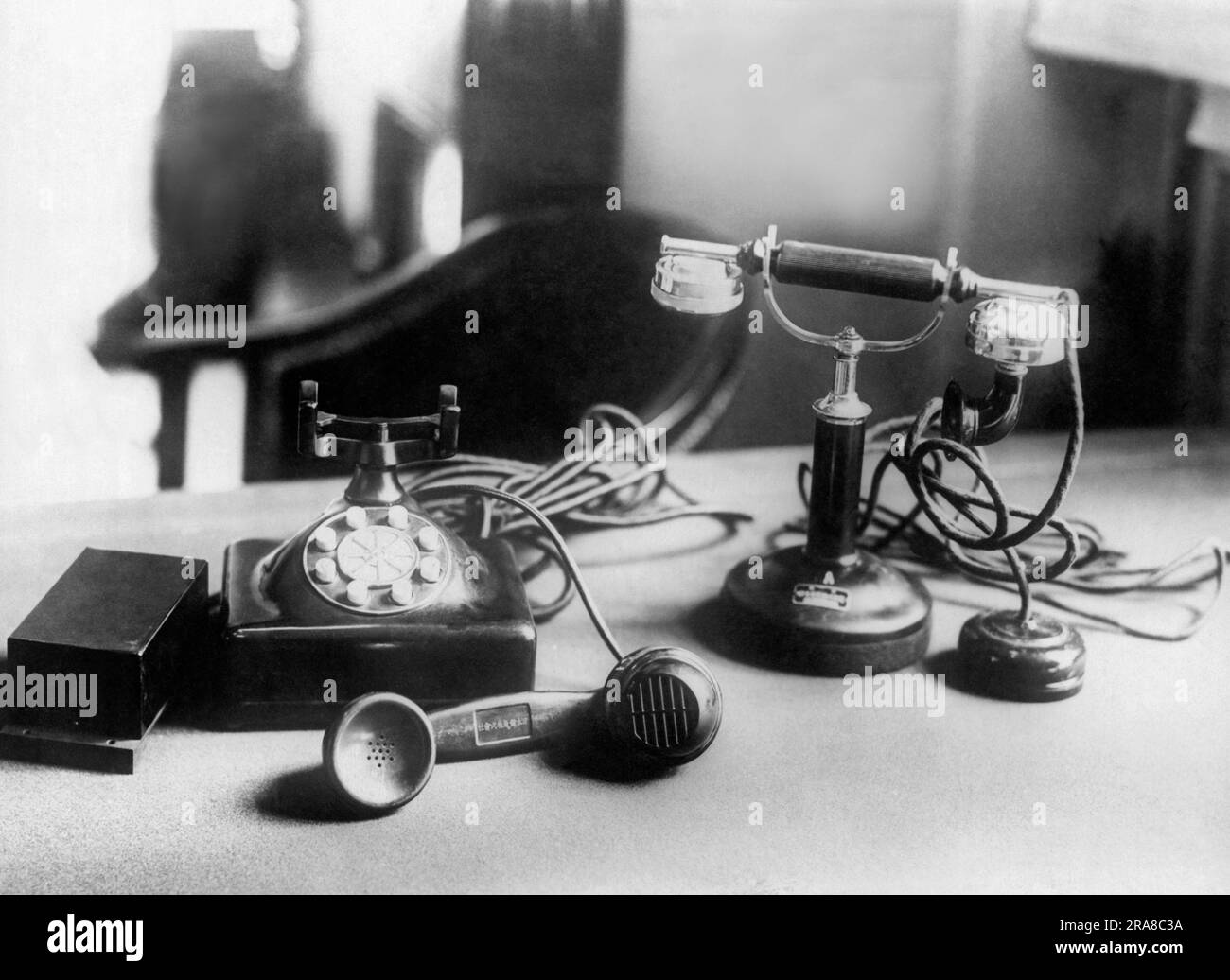 Tokyo, Japan: c. 1929 A photograph of the first telephone to be ...
