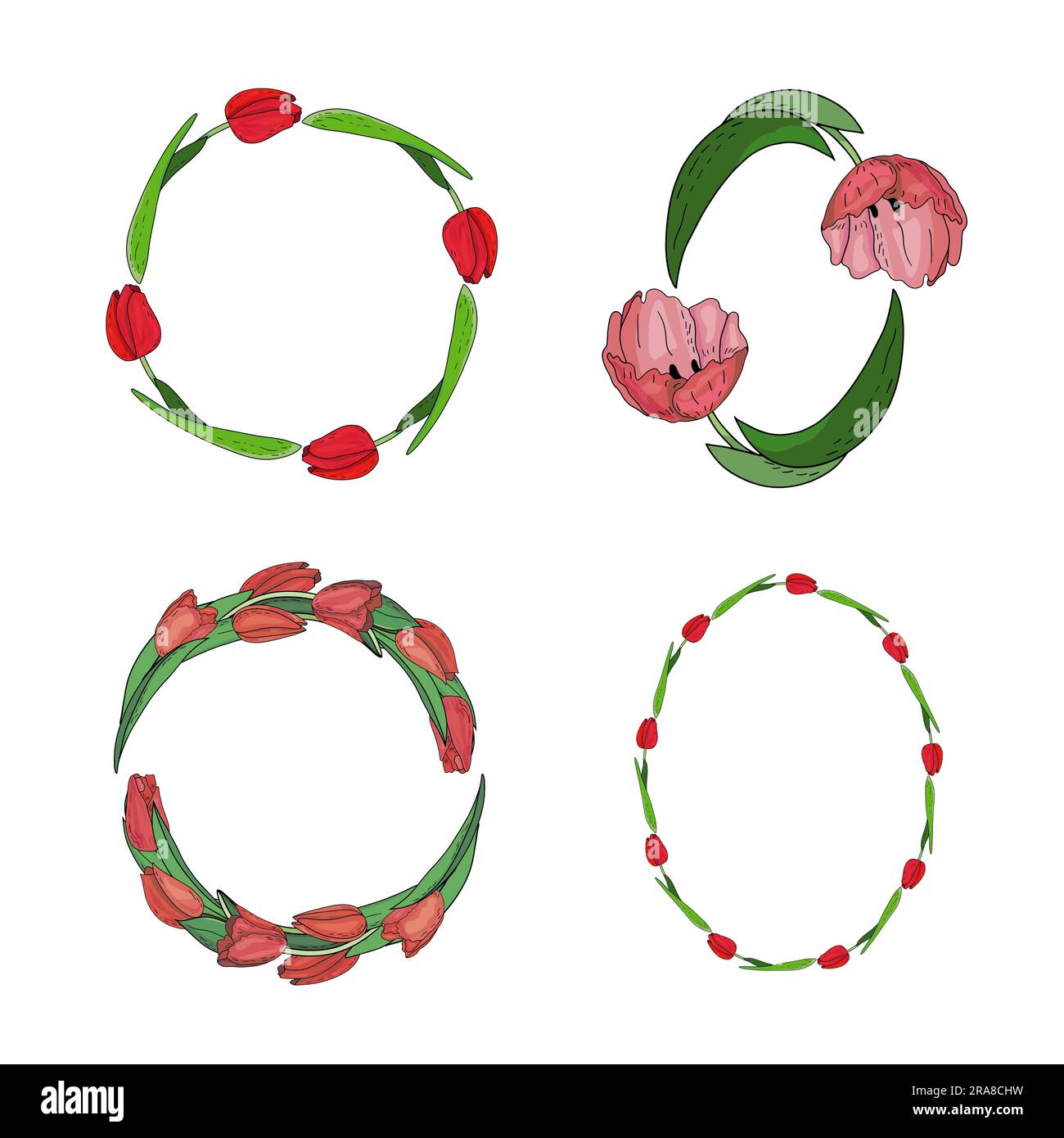 Hand drawn vector set of floral frame with red flowers tulips. Elegant ...