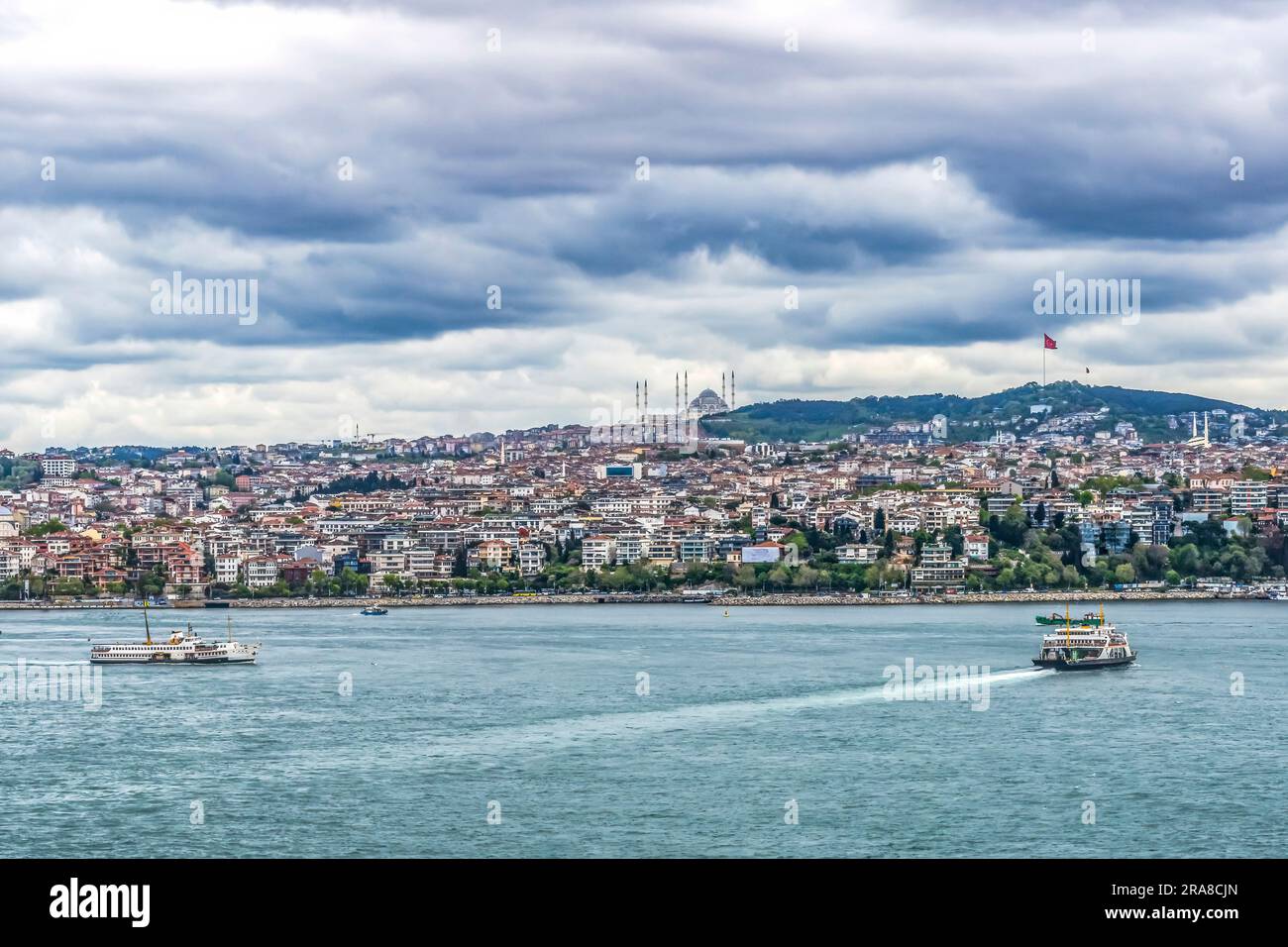 Asia Side Flag Mosque Waterway Ships Istanbul Turkey. Bridge connects ...