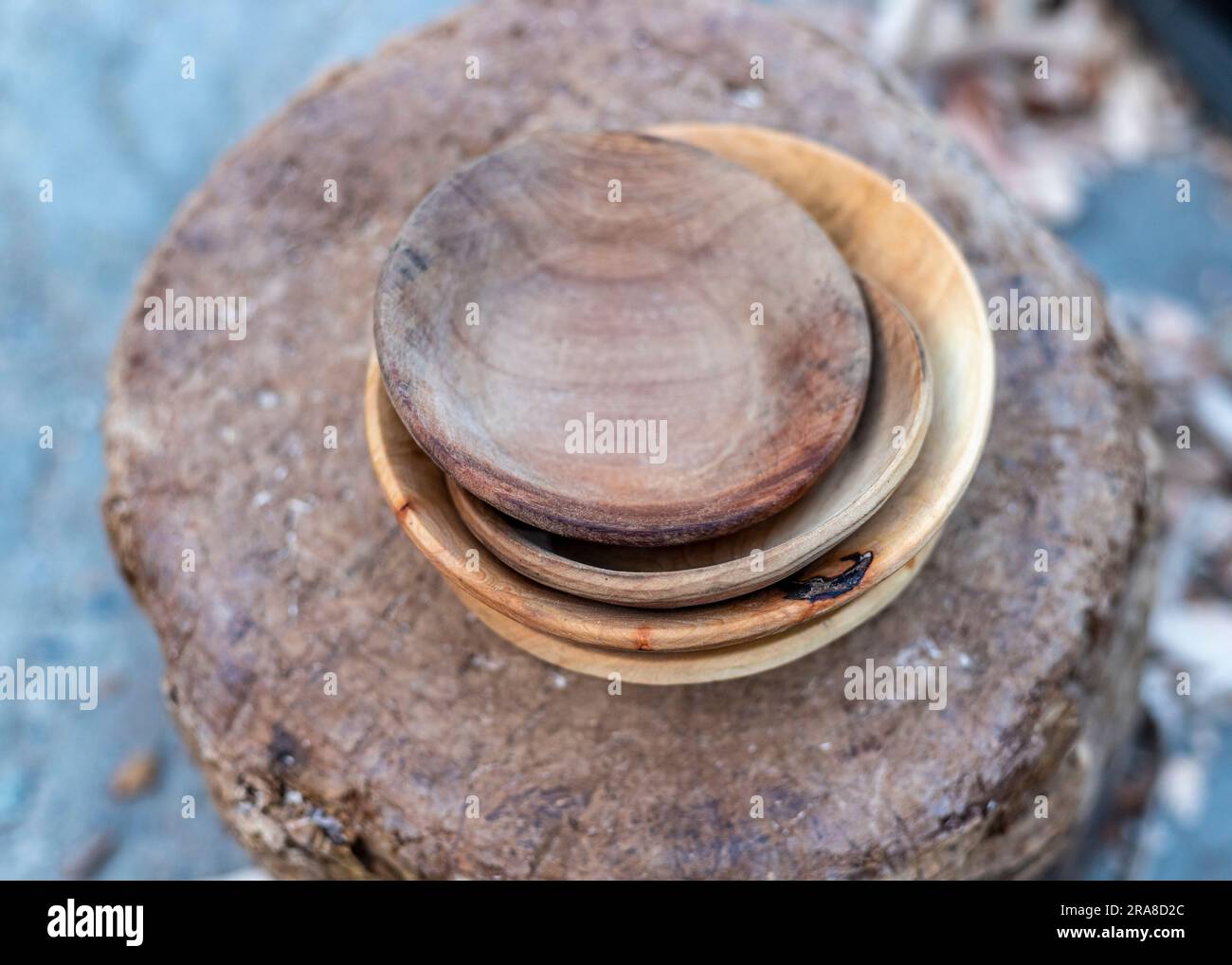 Handmade wooden bowls top view Stock Photo - Alamy
