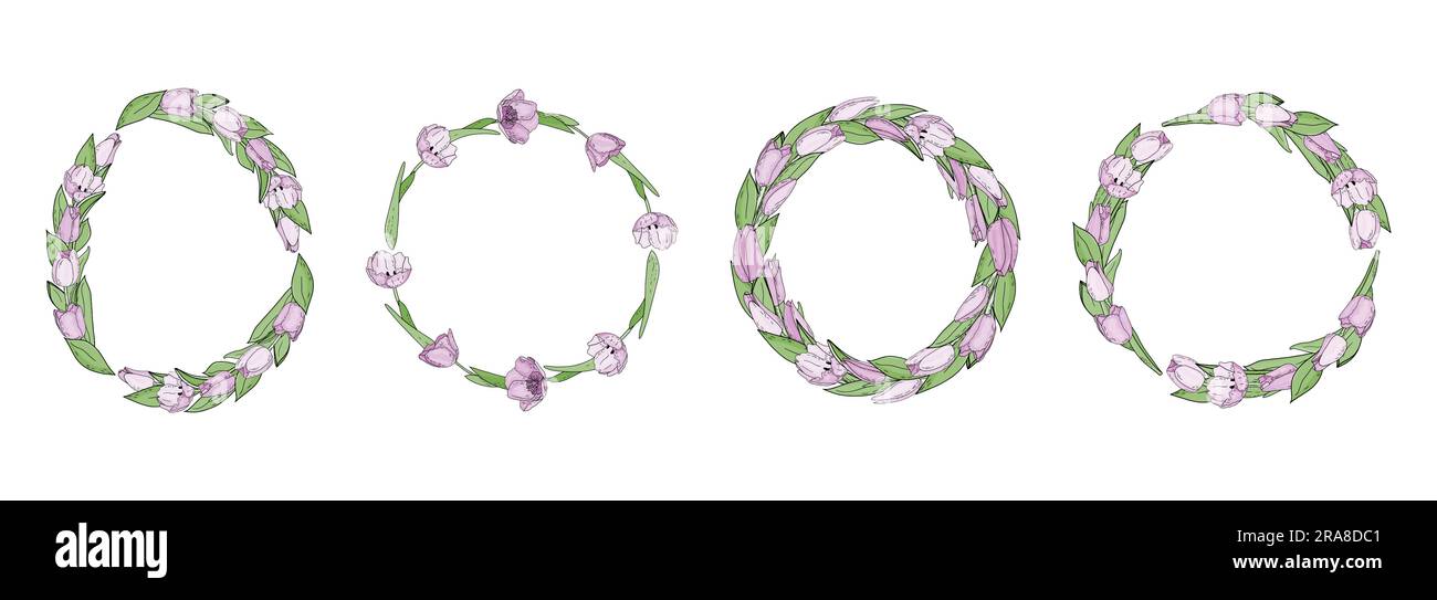 Hand drawn vector set of floral frame with pink flowers tulips. Elegant ...