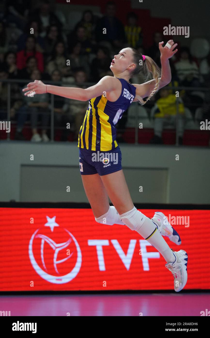ISTANBUL, TURKIYE - JANUARY 18, 2023: Arina Fedorovtseva serves during ...