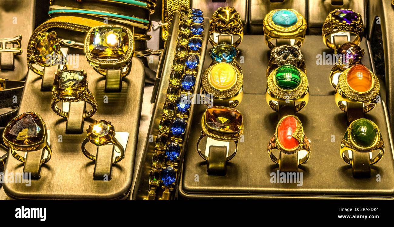 Colorful Golden Gem Rings Jewelery Grand Bazaar Istanbul Turkey. Grand ...
