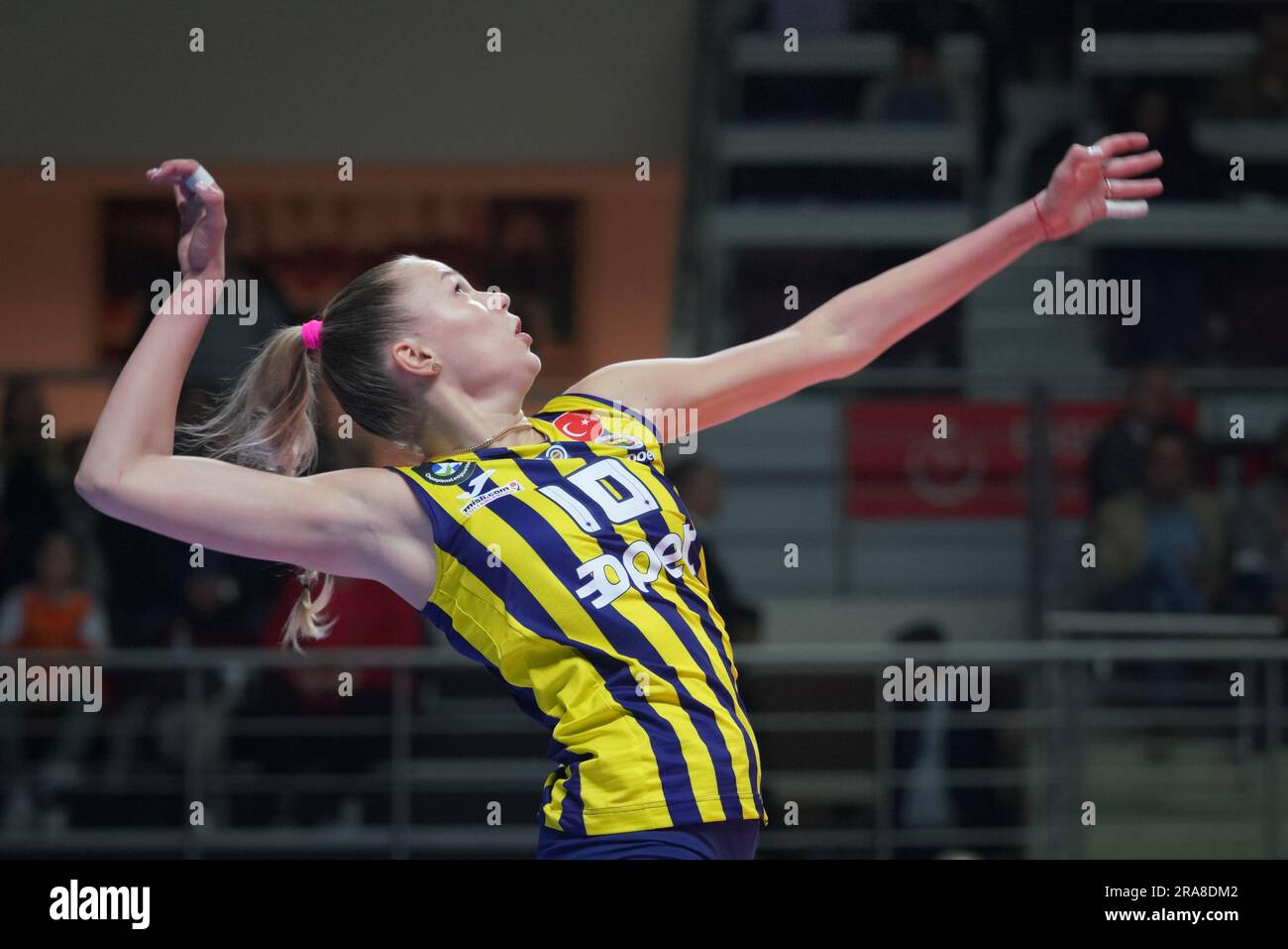 ISTANBUL, TURKIYE - JANUARY 18, 2023: Arina Fedorovtseva serves during ...