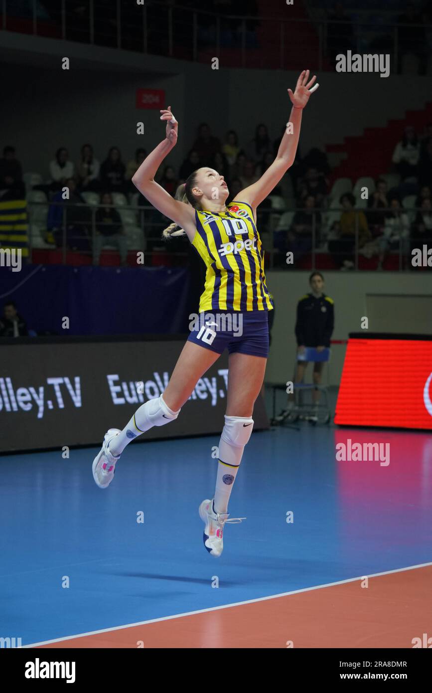 ISTANBUL, TURKIYE - JANUARY 18, 2023: Arina Fedorovtseva serves during ...
