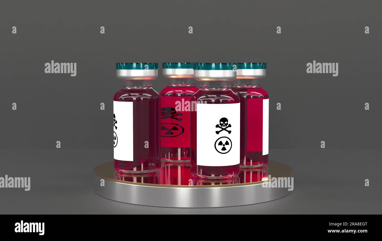 Ampoules with poison red liquid rotate on the platform intro 3d render ...