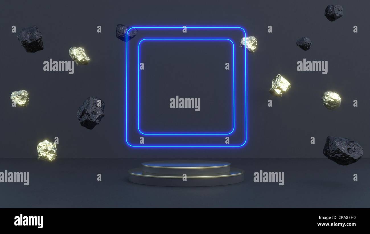 Black mockup stage neon rectangle intro 3d render Stock Photo - Alamy