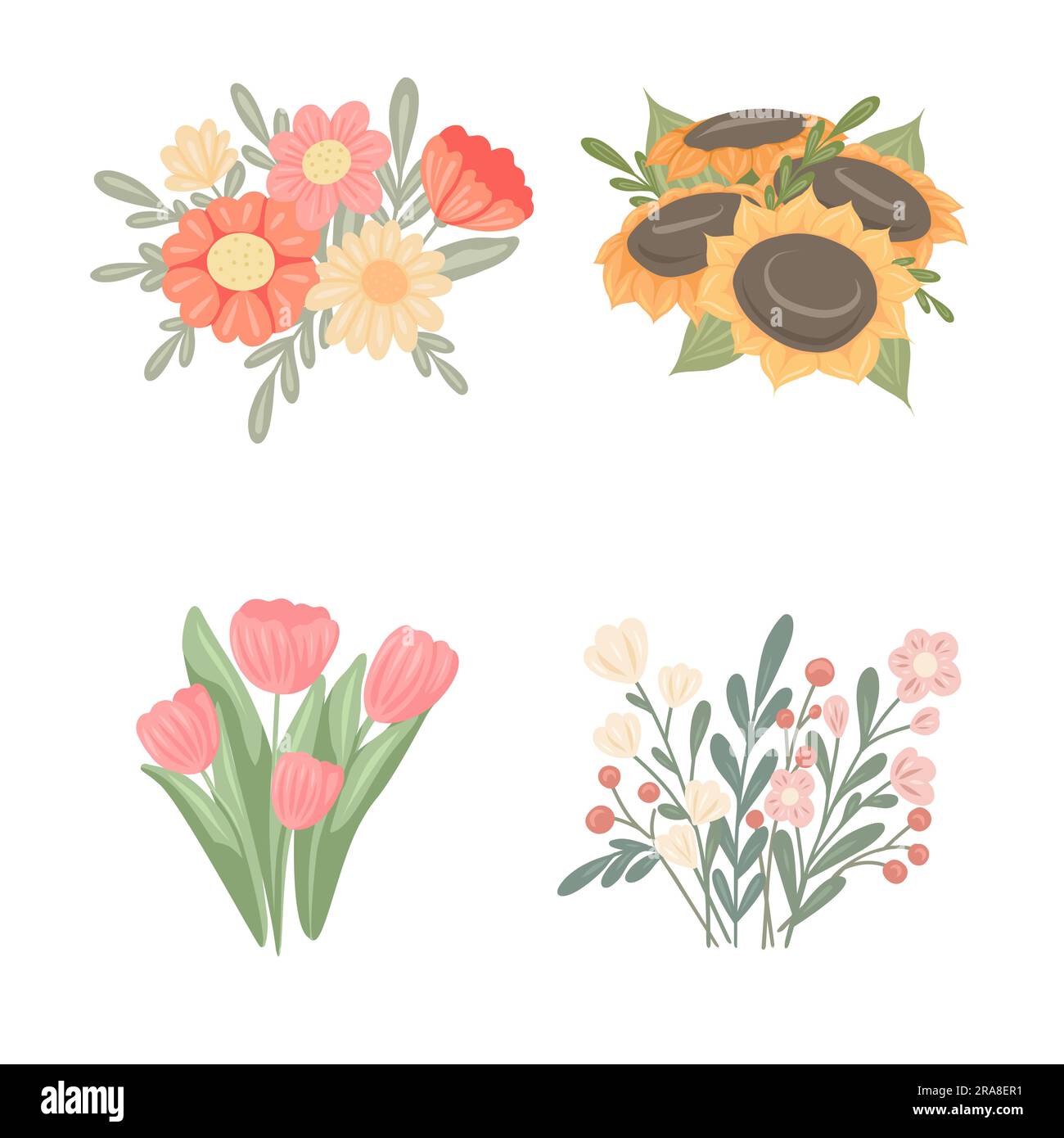 Delicate vector set of floral bouquets in pastel colors isolated from ...