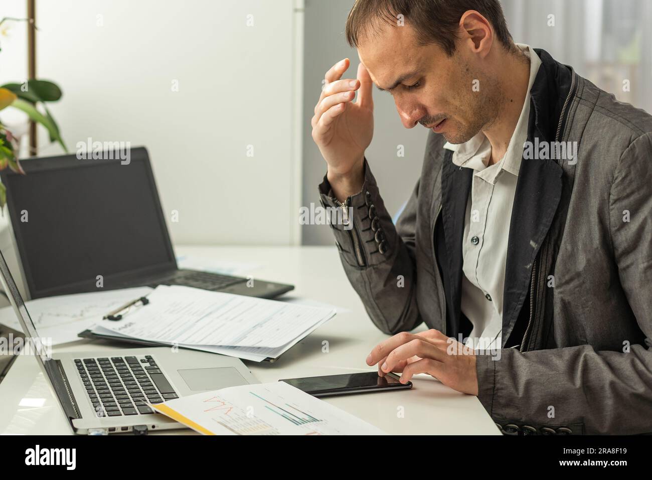 Upset stressed worried caucasian male stock investor, broker, financial ...