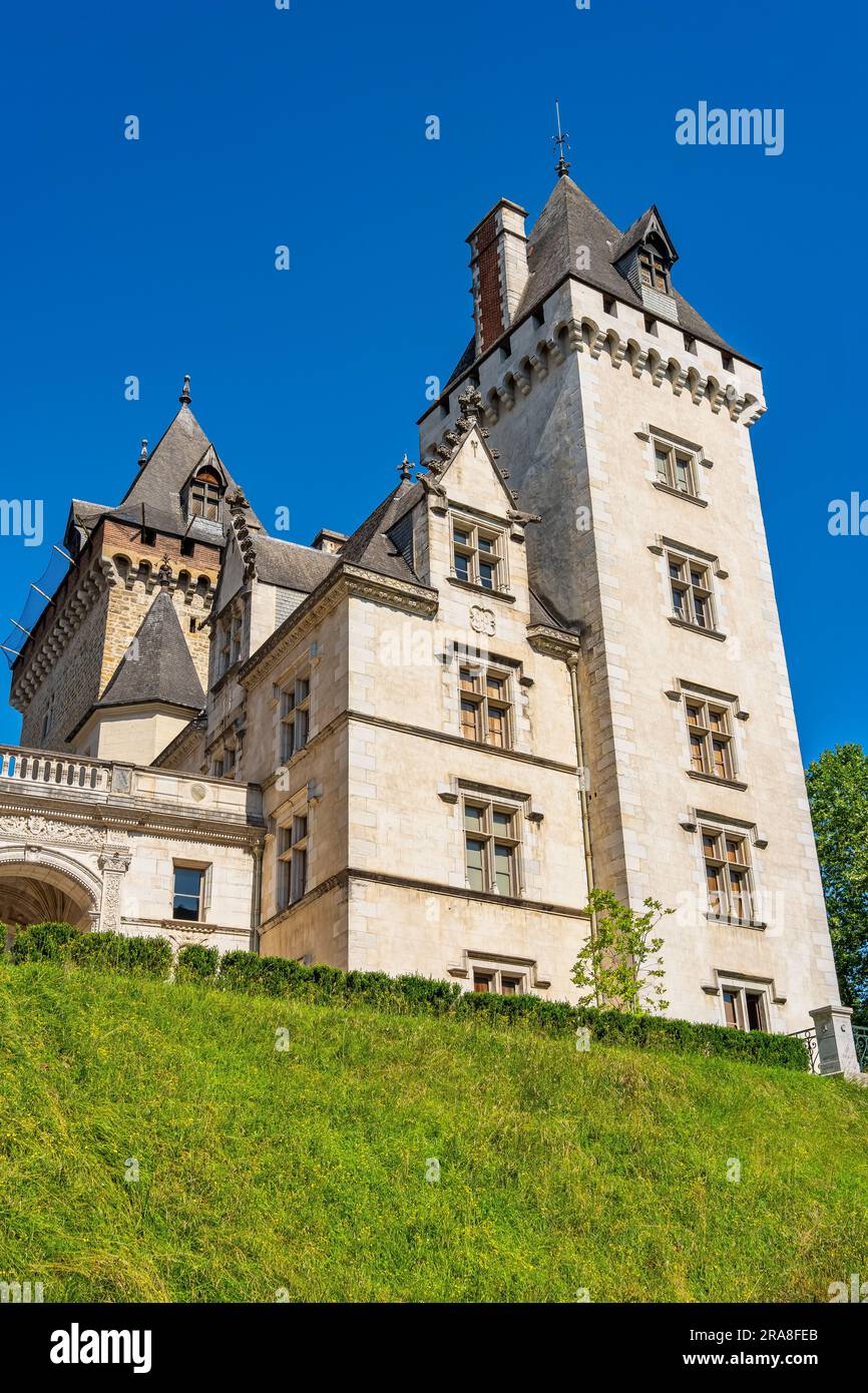 Medieval castle located on a hill with green grass meadows in Pau ...