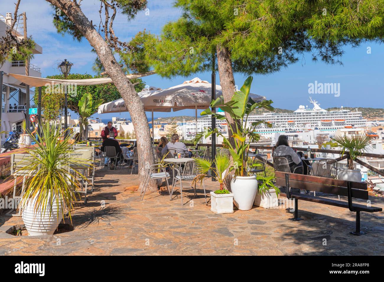Cafe at the viewpoint of Lake Voulismeni and the town, Agios Nikolaos ...