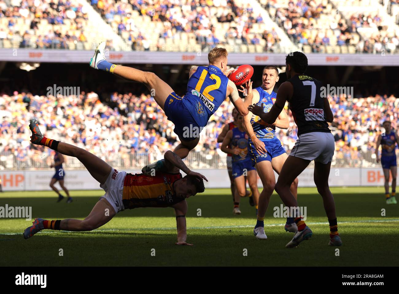 Perth, Australia. 02nd July, 2023. Oscar Allen of the Eagles marks the ...