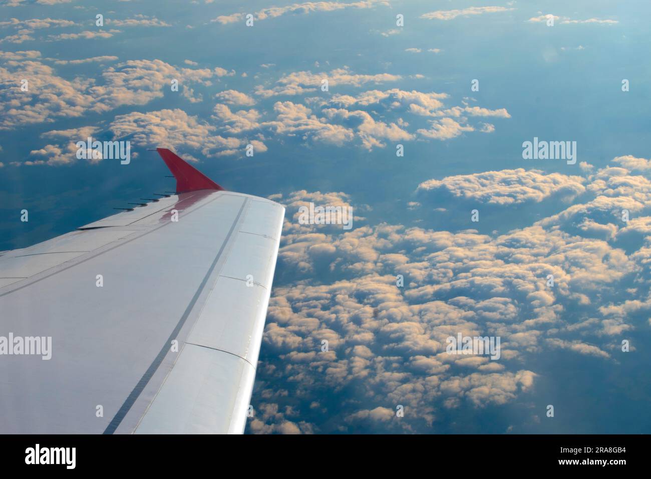 A captivating aerial perspective of a wing aircraft soaring through the sky. The vibrant red ...