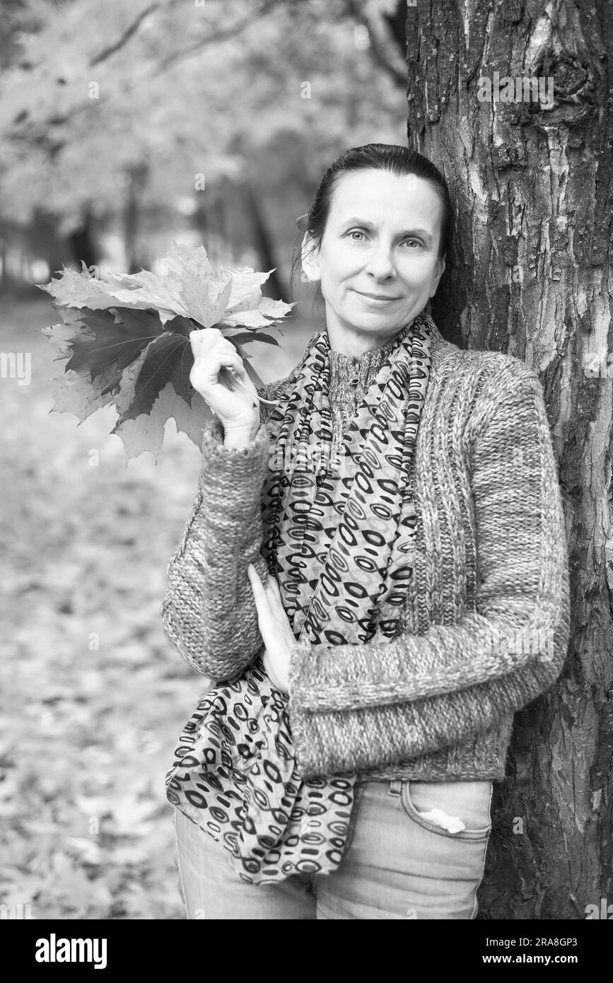 Portrait caucasian woman in autumn Black and White Stock Photos ...