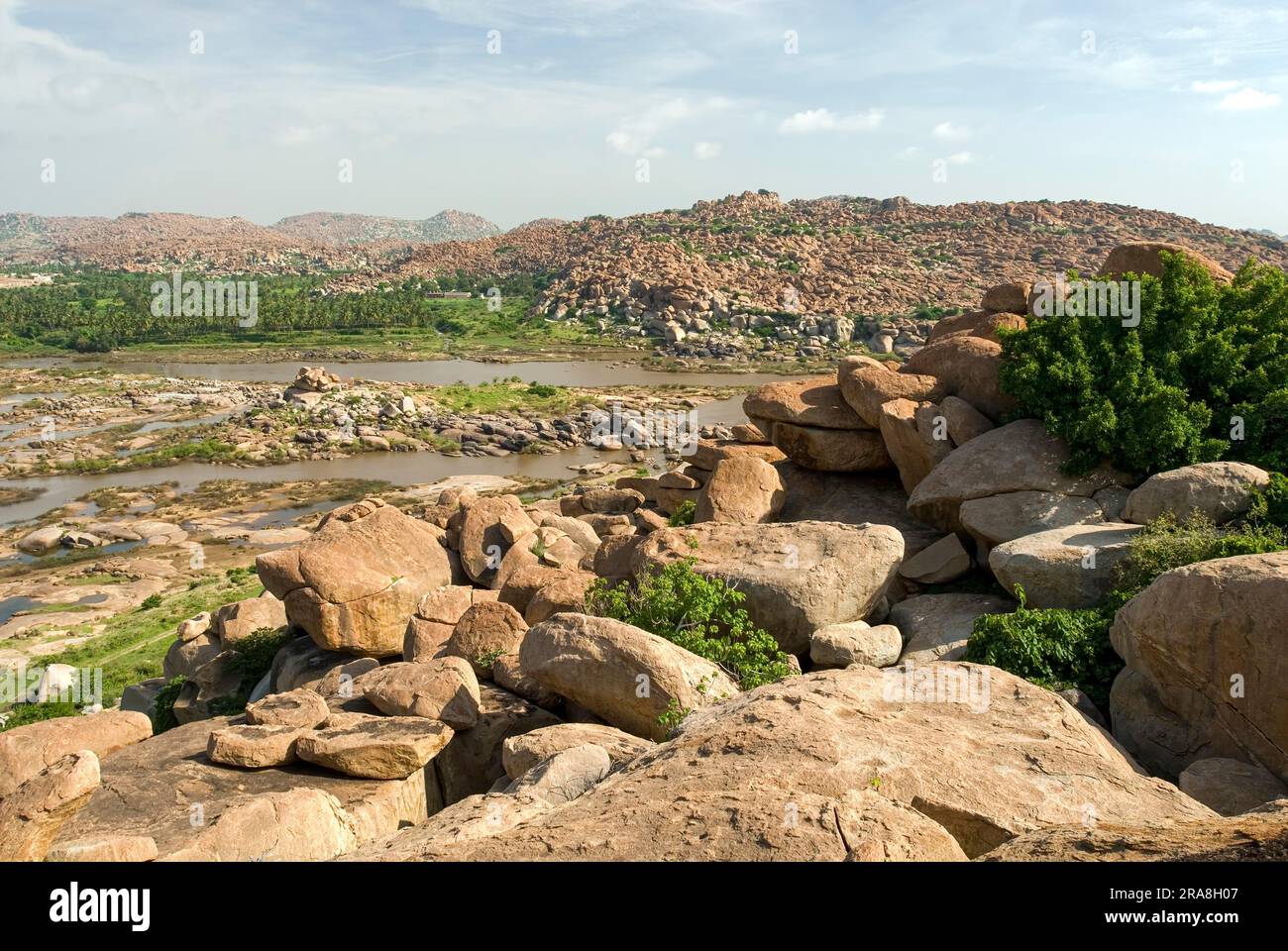 Different shapes rocks and Tungabhadra River at Anegundi in Hampi ...
