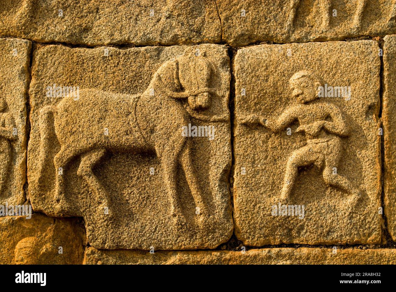 Horse man Bas relief in Mahanavami Dibba in Hampi, Karnataka, South ...